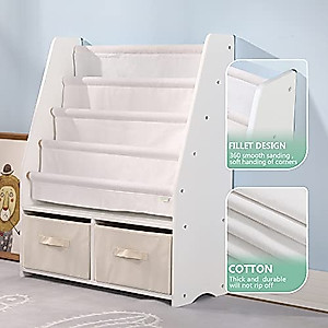 MallBest Childrens Bookshelf Kids Sling Book Rack with Two Storage Boxes and Toys Organizer Shelves Natural Solid Wood Baby Bookcase