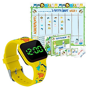 ATHENA FUTURES Potty Training Count Down Timer Watch with Lights and Music - Rechargeable, Dinosaur Yellow Band and Potty Training Chart for Toddlers - Fun Animal Design - Rewards - Sticker Chart