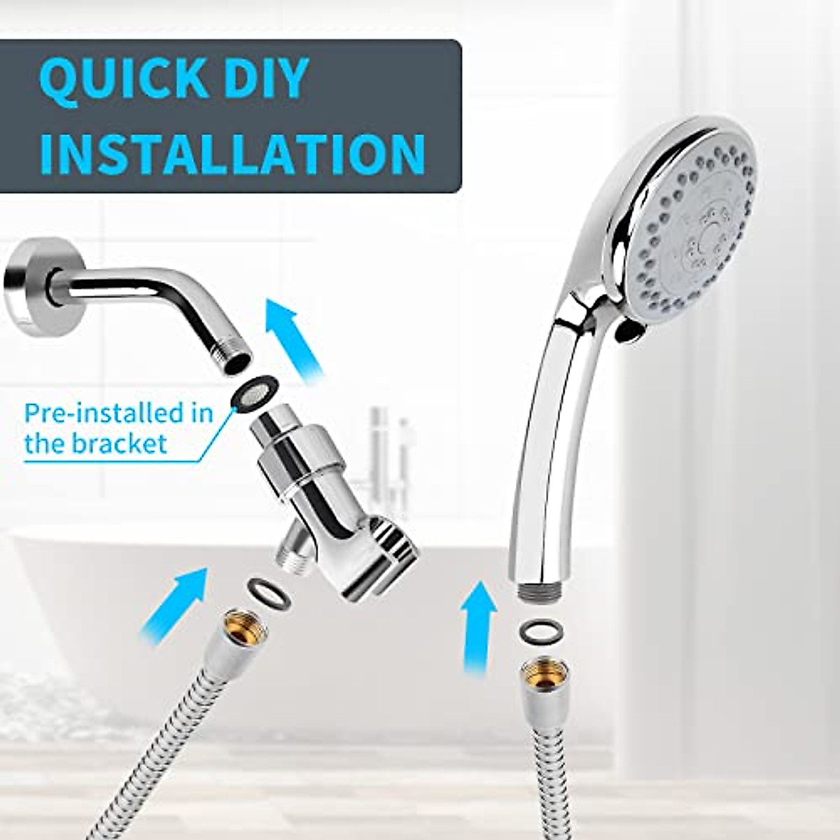 High Pressure Shower Head with Handheld,5-Settings Handheld Shower Head, High Flow with 59 Inch Stainless Steel Hose and Adjustable Bracket Teflon Tape Rubber Washers Easy Install