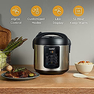 COMFEE' Rice Cooker, 6-in-1 Stainless Steel Multi Cooker, Slow Cooker, Steamer, Saute, and Warmer, 2 QT, 8 Cups Cooked(4 Cups Uncooked), Brown Rice, Quinoa and Oatmeal, 6 One-Touch Programs