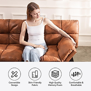 Hcore Convertible Futon Sofa Couch,3” Memory Foam Splitback Sofa,Brown Faux Leather Memory Foam Loveseat,Small Euro Lounger Sofa for Compact Living Spaces,Apartment,Studio,Office/Cushion Thickening