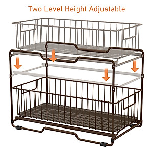 CAXXA 2 Tier Sliding Cabinet Basket Organizer, Bathroom Pull-Out Drawer Organizer, Space Saving with Handles (Medium, BRONZE)