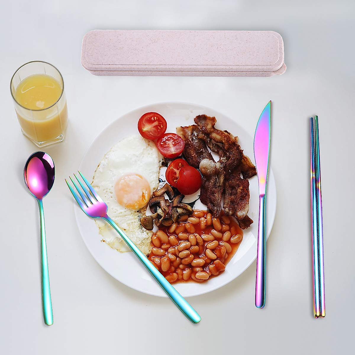 AARAINBOW 6 Pieces 18/8 Stainless Steel Flatware Set Portable Reusable Cutlery Set Travel Utensils Set Including Chopsticks Knife Fork Spoon Straws Cleaning Brush Dishwasher Safe (Multicolored)