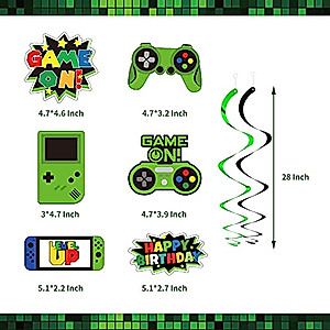 Green Video Game Party Supplies - 201Pcs Gamer Gaming Party Decoration For Boys Birthday Party - Table Cover, Plates, Cups, Napkins, Utensils, Hanging Swirls, Birthday Banner, Cupcake, Topper Cake Topper & Balloons Serves 16 Guests