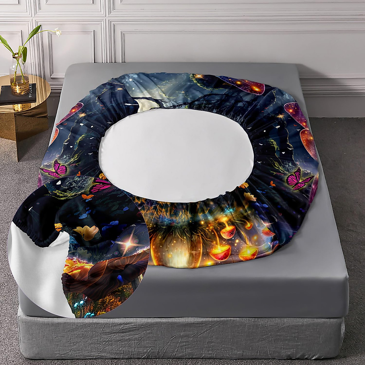 AILONEN Beautiful Fairy Fitted Sheet Set Twin Size, Butterfly Mushroom Fairy Bedding Set for Kids,Girls,Forest Spirit Bed Sheet Set,3-Pieces, 1 Fitted Sheet and 2 Pillowcases,All Season,Soft