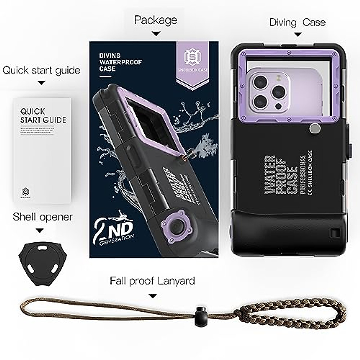ShellBox Case Diving Case 2nd Gen for Phone/Samsung Galaxy Series, Universal Phones[4.9-6.9 Inch],Snorkeling[15m/50ft] Full Body Protector(Black-purple)
