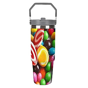 30oz Stainless Steel Insulated Tumbler with Flip Lid & Straw, Leakproof Travel Mug for Car, Colorful Candy Double Wall Vacuum Thermal Coffee Cup with Handle, Spill-Proof Design for Hot/Cold Drinks
