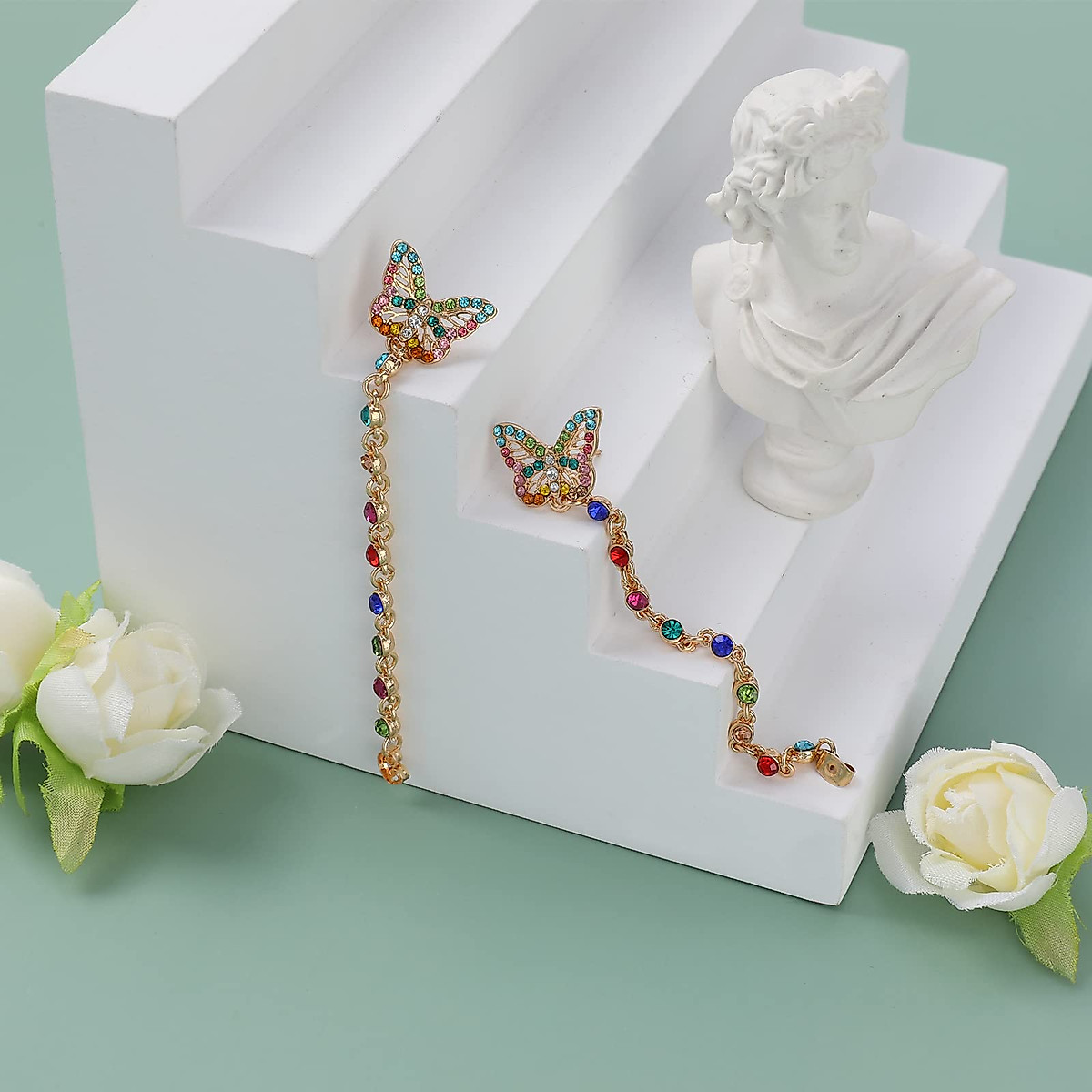 Colorful Butterfly Dangle Chain Earrings for Women Gold Crystal Rhinestone Tassel Climber Crawler Threader Chain Dangle Statement Earrings Drop Cartilage Double Holes Spring Summer Jewelry Gifts