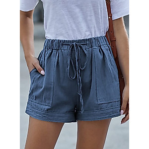 Dokotoo Womens 2023 Fashion Comfy Holiday Beach Drawstring Casual Summer Elastic Mid Waist Shorts with Pockets Blue Large