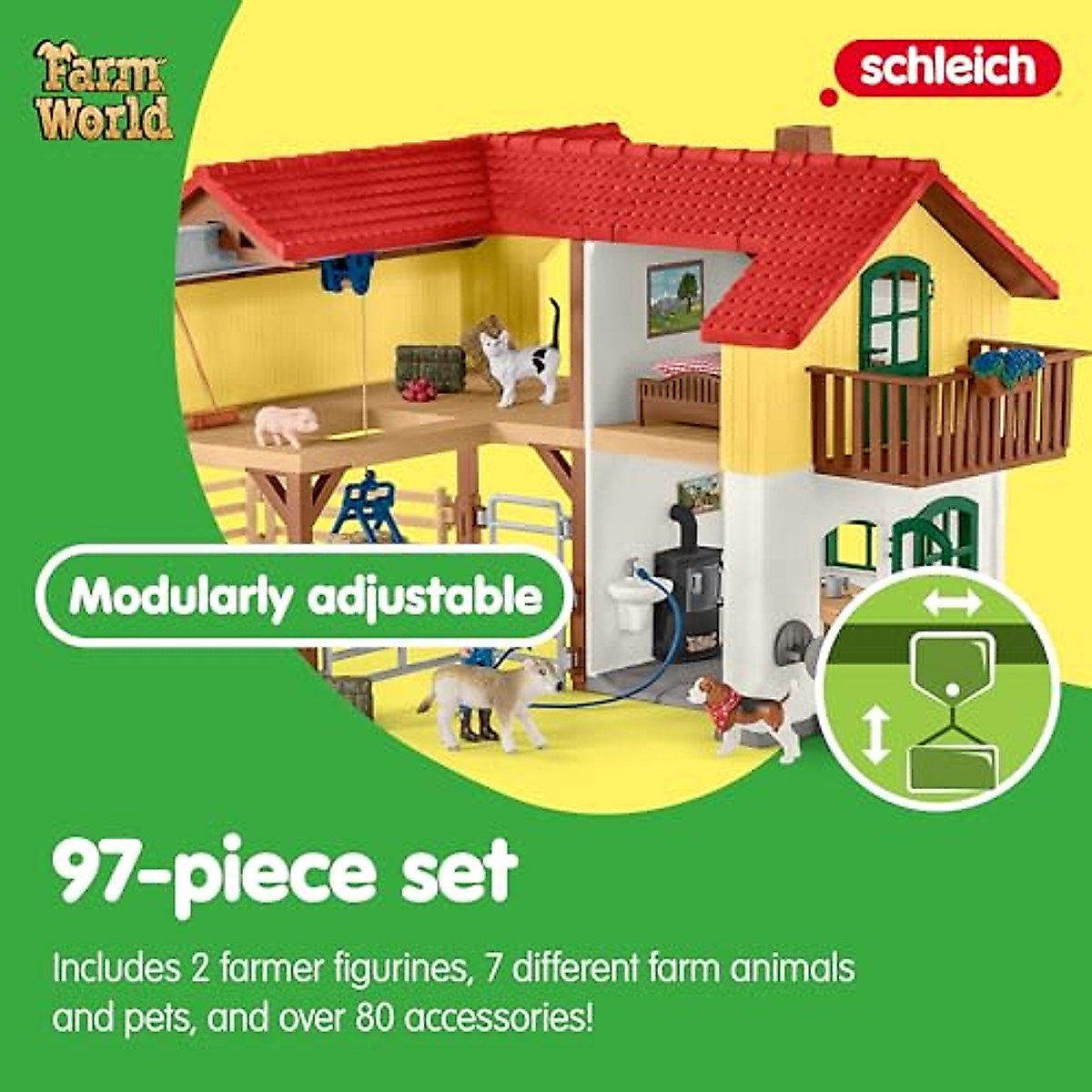 Schleich Farm World — Large Farm House, 97-Piece Toy Farm House with 3 Rooms, Farmer Figurines and Multiple Animal Toys with Accessories, Farm Toys for Boys and Girls Ages 3+