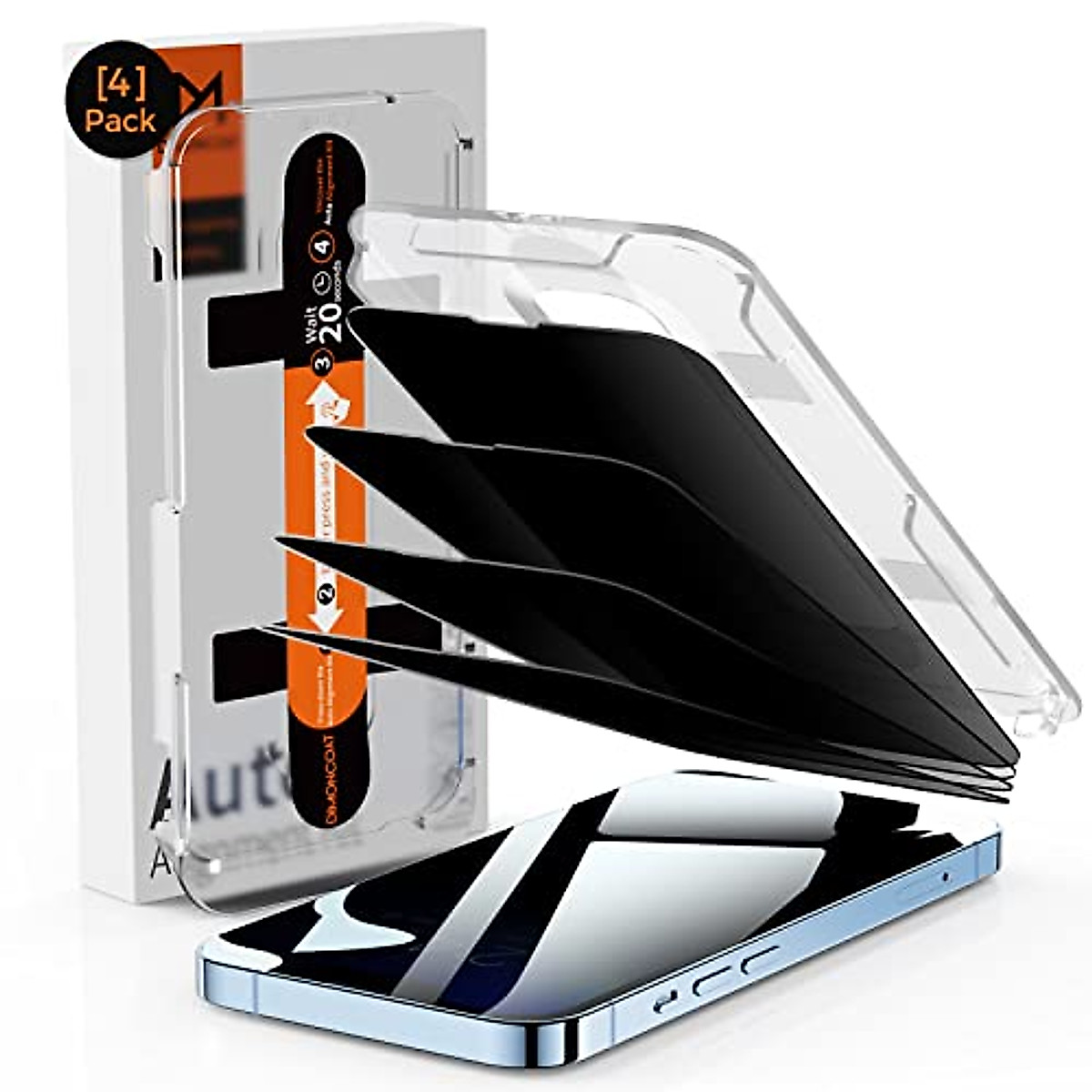 DIMONCOAT 4-PACK Privacy Screen Protector Compatible iPhone 13 Pro Max/ 14 Plus 6.7''[Auto Alignment Kit] [10X Military Protection] iPhone 13 Pro Max / 14 Plus Diamonds Hard Tempered Glass [Anti-Spy]