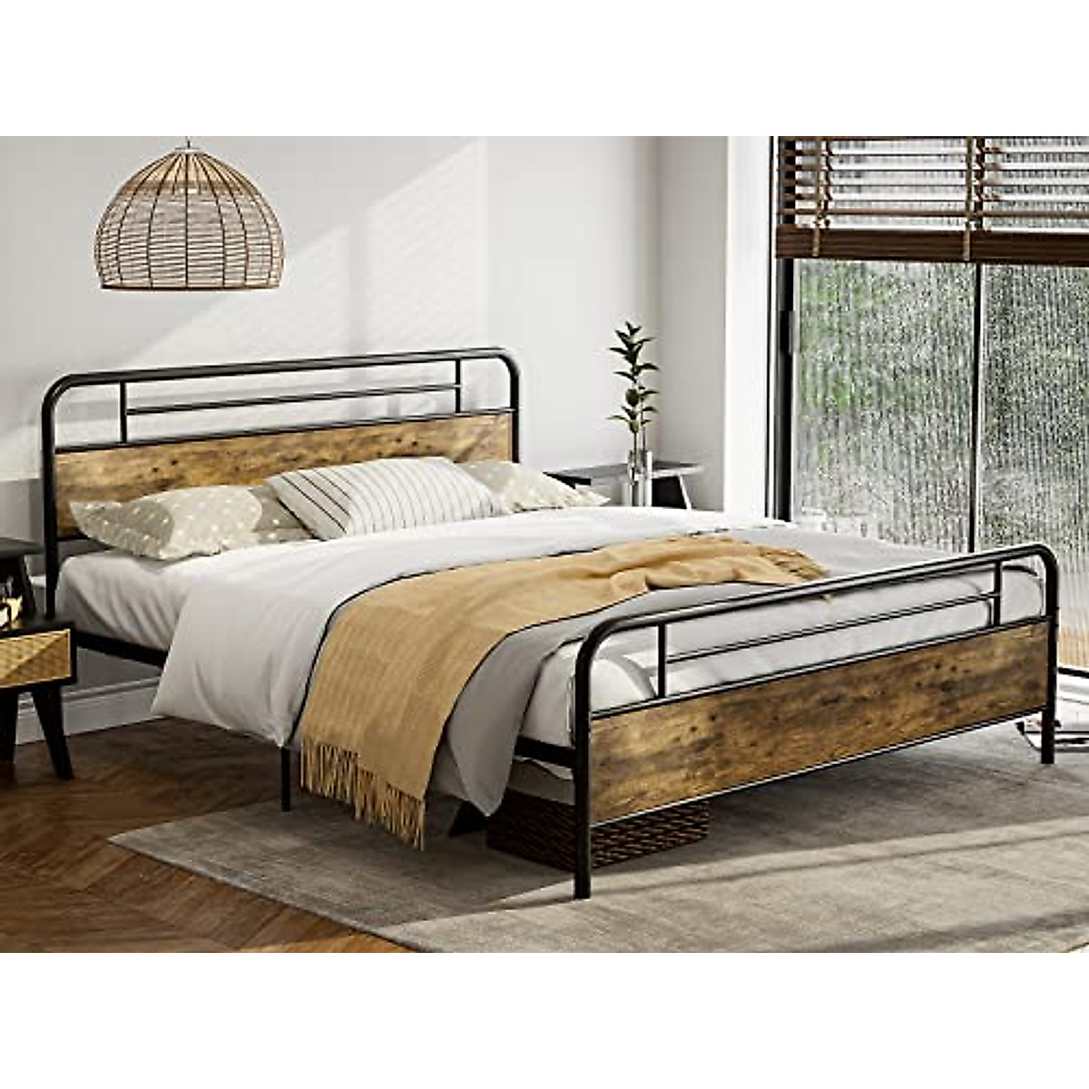 IKIFLY King Size Metal Platform Bed Frame with Wood Headboard Footboard, Heavy Duty Steel Slats, 12" Under Bed Storage, Mattress Foundation, No Box Spring Needed - King/Rustic Brown