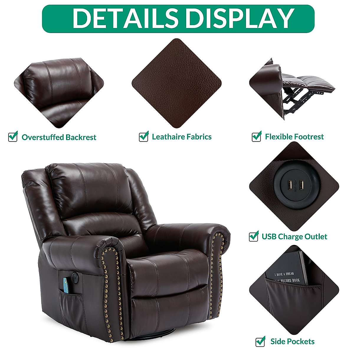VIVIJASON Massage Swivel Rocker Recliner Chair with Heat & Vibration, 360° Swivel Manual Glider Rocking Reclining Chair with 2 Remote Controls, Side Pockets & USB Ports for Living Room, Brown
