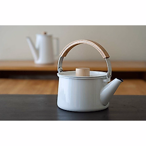 Kaico Kettle 1.45L(49oz) By Makoto Koizumi Spotless Enamel-Coated Steel Stunning Beech Wood Handle Maple Knob Clean Minimalist Design Brightening Kitchen