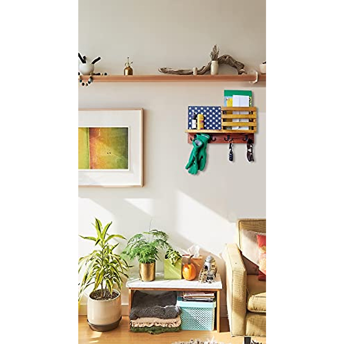 American Flag Key Holder & Organizer with Shelf for Wall. Crafted of Natural Fir Wood, Hand Painted in Patriotic Red, White, Blue. Unique Design, Decor Accent for Entry, Office, Living Room, Bedroom