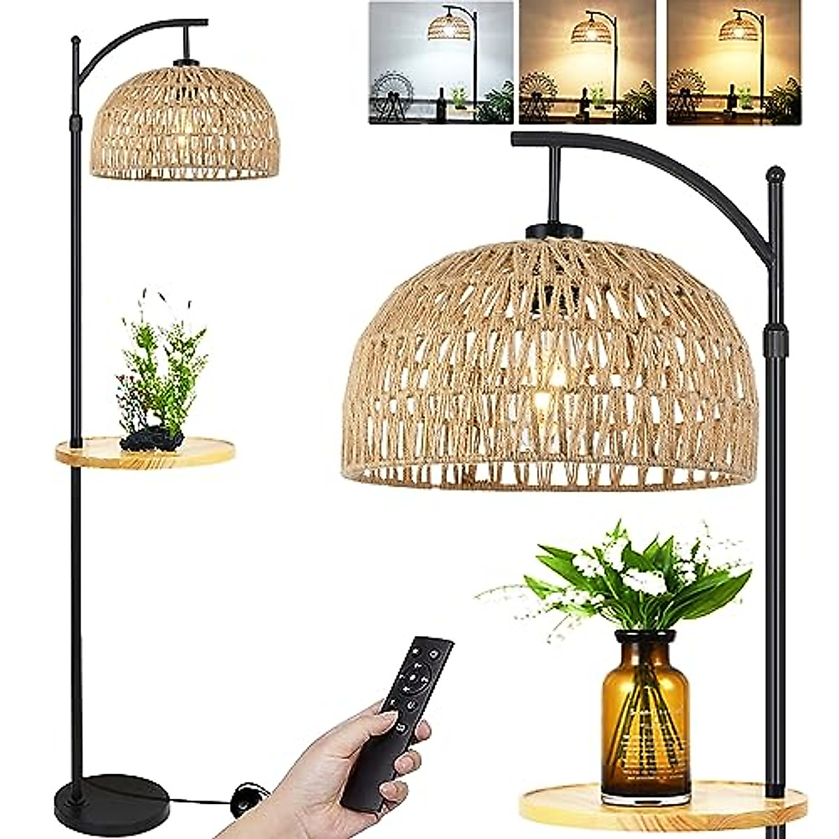 QIYIZM Floor Lamp for Living Room Bedroom with Table Shelves,Rattan Boho Arc Floor Lamps with Remote Dimmable Farmhouse Wood Shelf Attached Standing Lamp Wicker Bamboo Tall Lamp Floor Light Bohemian