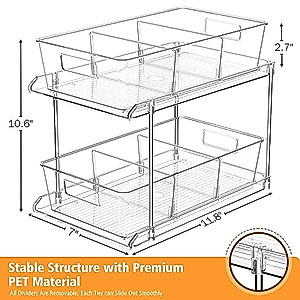 Fabspace Pull-out Home Organizer, 2 Pack 2 Tier Clear Bathroom Organizer with Dividers, Multipurpose Vanity Counter Tray, Kitchen, Closet Organizers, Cabinet & Storage Container Bins