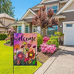 Hzppyz Welcome Spring Sunflower Watercolor Abstract Flower Garden Flag Double Sided, Floral Decorative House Yard Outdoor Summer Small Flag Vintage Decor Farmhouse Seasonal Outside Decorations 12 x 18