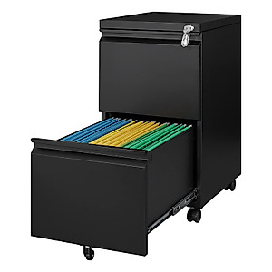 LISSIMO 2 Drawer Metal File Cabinet, Rolling File Cabinet with Lock for Hanging Legal/Letter Size,Under Desk Filing Cabinet for Home Office Assembly Required Black