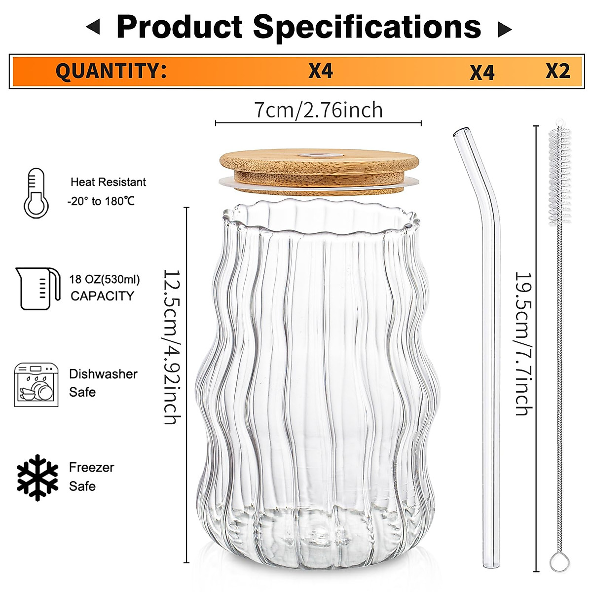4 Pcs Ribbed Glass Cups With Straws With Lids Set, Water Glasses Set, 18Oz Vintage Drinking Glassware With Wave Shape Design, Bubble Cups for Iced Coffee, Beverage, Milk, Cocktails (18 OZ -A)