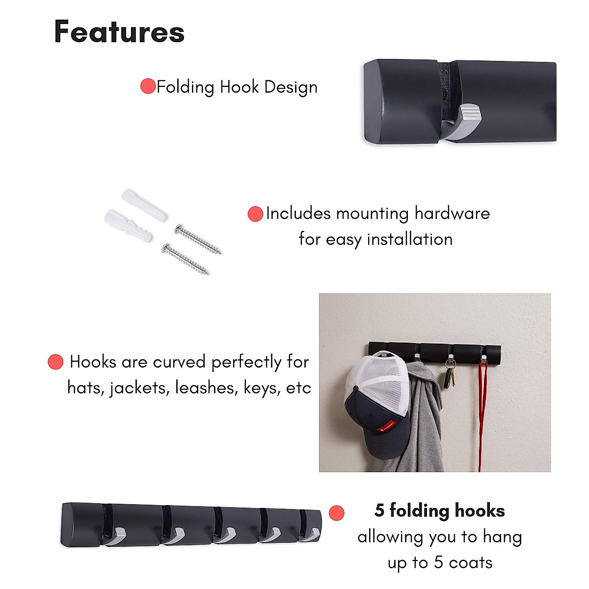 BIRDROCK HOME Folding Hook Coat and Hat Rack - 5 Hooks - 18 Inches - Wall Mount - Decorative Home Storage - Entryway Foyer Hallway Bathroom Bedroom Rail - Satin Nickel Hooks - Black Rail