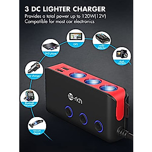 Cigarette Lighter Adapter, 3 Socket Cigarette Lighter Splitter, Fast Car Charger Adapter with 20W USB C PD & 18W QC 3.0 (5V/10.4 A), 12V Multi Port Outlet Extension for GPS/Dash Cam/Radar Detector