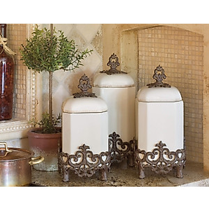 14-Inch Tall Provencial Cream Canister with Brown Metal Scrolled Base
