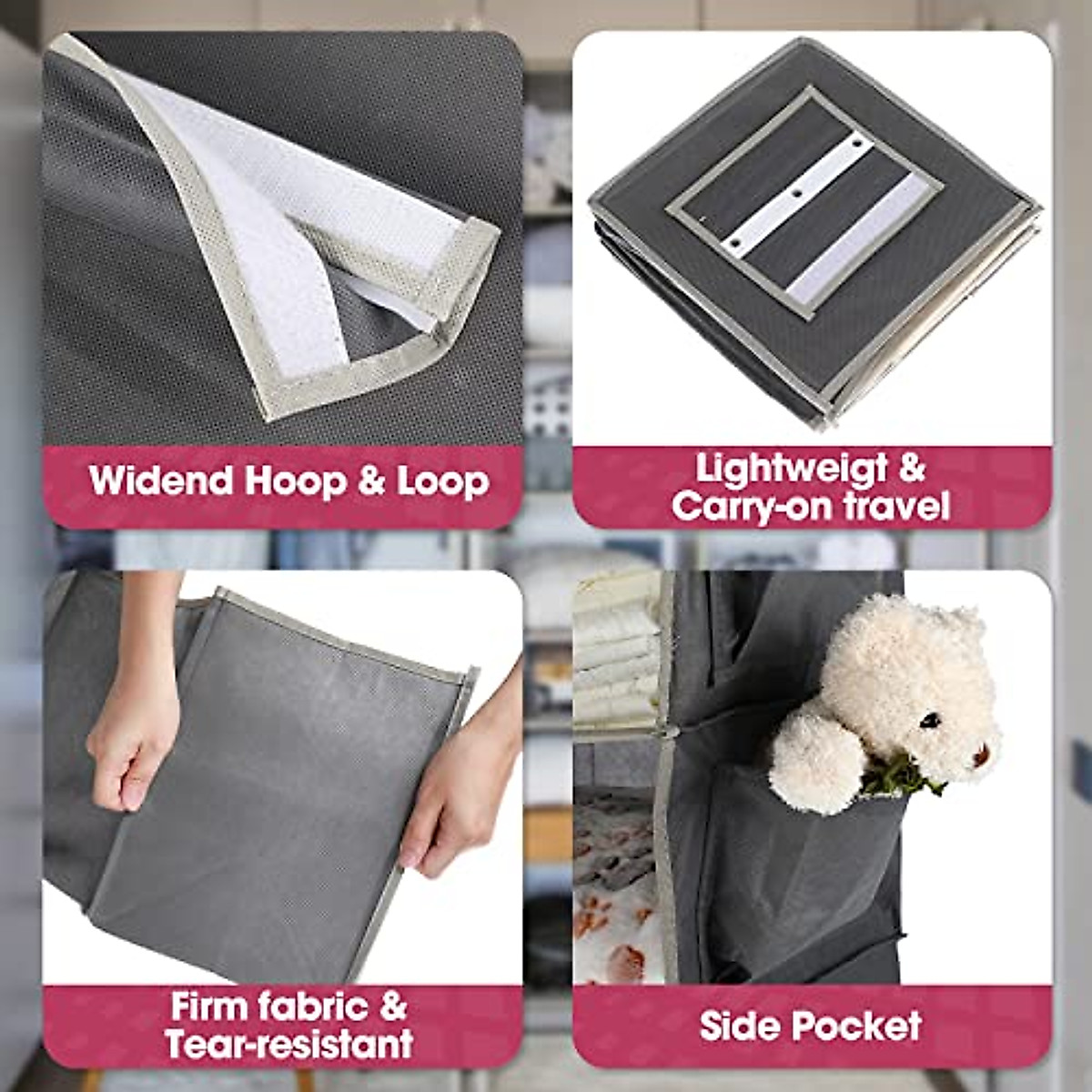 3 Pack Hanging Closet Organizers and Storage, 6 Shelf Hanging Clothing Shelves Collapsible Clothes Closet Organizer Storage Fabric Shelves with Side Pockets