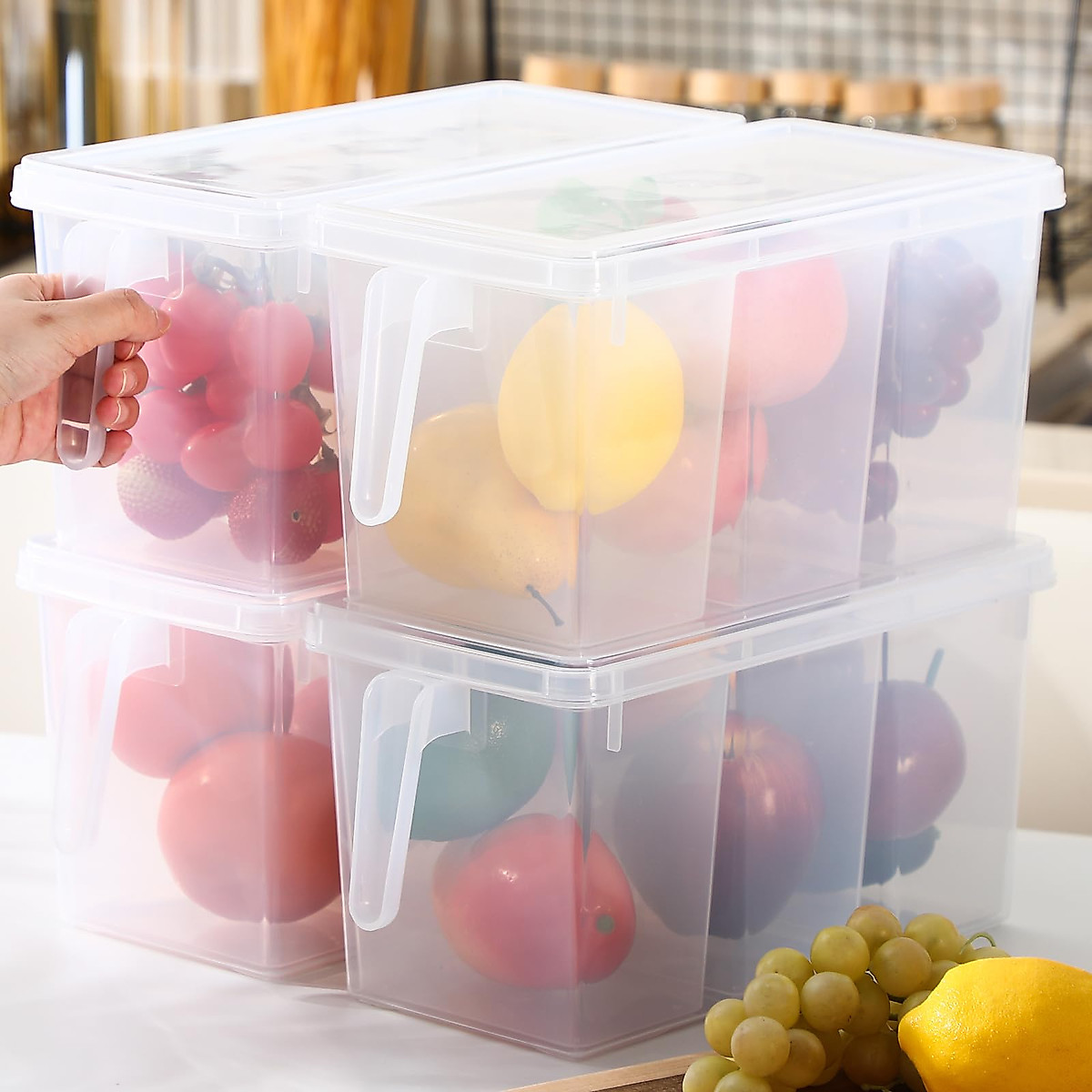 Quzzil 4 Pcs Fridge Organizer Refrigerator Organizer Bins with Lids and Handle Clear Fruit Storage Containers for Fridge Vegetable, Egg, Meat (Divided Style)
