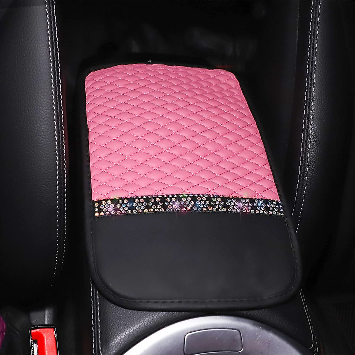 Bling Leather Car Center Console Cover, Car Center Console Protector With Glossy Crystal Rhinestone, Universal Waterproof Car Armrest Seat Box Cover For Most Car, Vehicles, SUVs, Trucks (Pink)