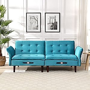 Charging Futon Sofa Bed, Velvet Convertible Sleeper Sofa Tufted Upholstered Couch with Adjustable Backrest & Armrest, Modern Accent Loveseat USB Chargeable Couch Bed for Home Living Room (Blue)