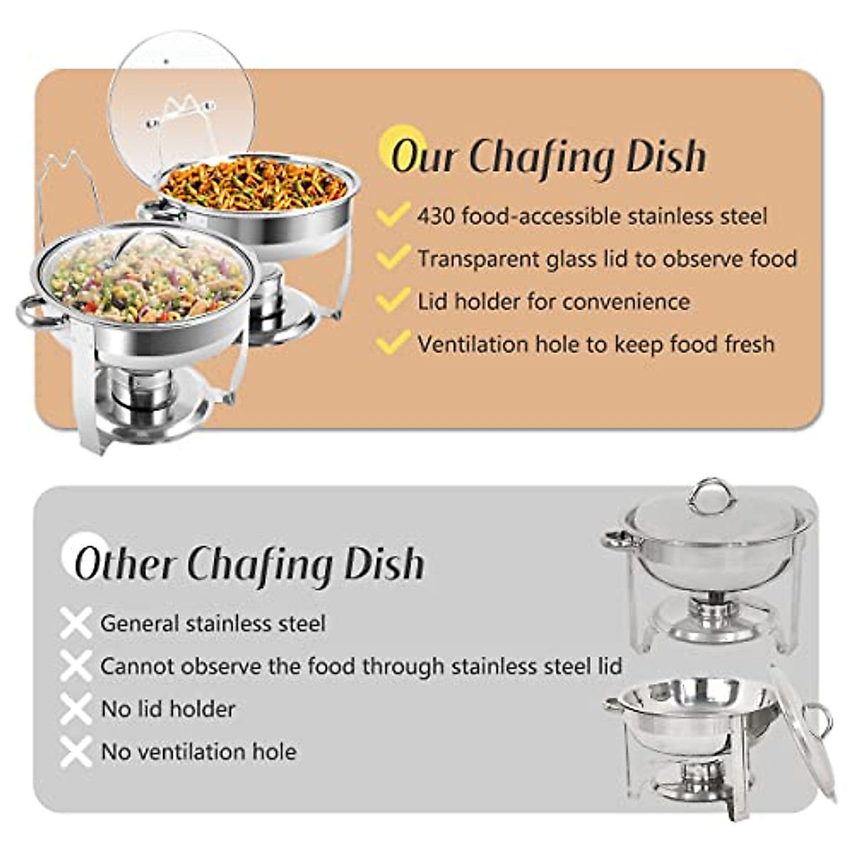 BriSunshine 4 Packs 3 QT Round Chafing Dish Buffet Set, Stainless Steel Chafing Dishes with Glass Lid & Holder, Food Warmer for Parties Weddings Banquets Events