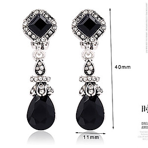 Bridal Vintage Earring Long Resin Rhinestone Clip on Earrings Without Piercing For Women (Black)