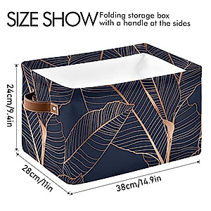Large Foldable Storage Bin Gold Palm Leaves Navy Blue Fabric Storage Baskets Collapsible Decorative Baskets Organizing Basket Bin with PU Handles for Shelves Home Closet Bedroom Living Room-1Pack