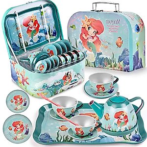 Lajeje Mermaid Tea Party Set for Little Girls, Kids Party Set Toys for 3 4 5 6 Year Old Girls, Pretend Toy Tin Tea Set & Carrying Case, Princess Tea Time Kitchen Play Toys, Birthday Gifts for Girls