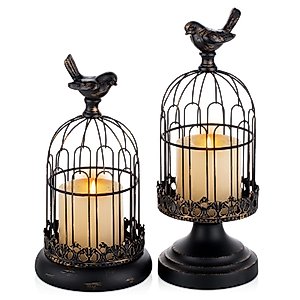 Decorative Candle Holder Bird Cage - Set of 2 Cage Lanterns for Candleholder Shabby Chic Country Home Decoration Table Centerpiece Mantel Decor, 10’’/12’’ Tall, Distressed Ivory