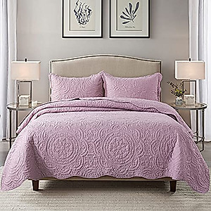 HoneiLife Bedspread Quilt Set Queen - 3 Piece Embroidered Microfiber Bedspread Reversible Coverlet Lightweight Bedcover Mandala Pattern Bedding Set All Season Quilts-Sweet Lavender, Queen Size