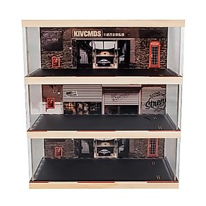 kivcmds 1:24 Scale 3-Tiers Vehicle Model Display Case with Parking Lot Scene for Sports Car Model and Lego Collectors, Display Stand for Alloy Car Model Toy (3-Tiers Auto Repair Store Scene)