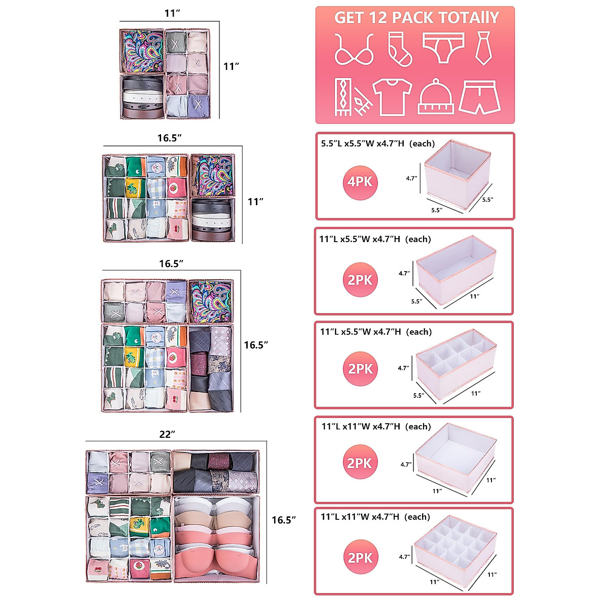 MYTHAUS 12 Pack Drawer Organizers for Clothing - Foldable Collapsible Fabric Closet Organizer and Storage Dresser Drawer Divider, Storage Box for Underwear, Socks, Bra, Ties, Pink