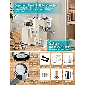 Gevi 20 Bar Compact Professional Espresso Coffee Machine with Milk Frother for Espresso, Latte and Cappuccino Burr Coffee Grinder with 35 Precise Grind Settings, Beige