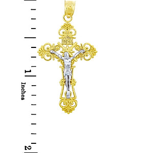 10k Two-Tone Gold Filigree-Style Trefoil Cross Charm INRI Crucifix Pendant