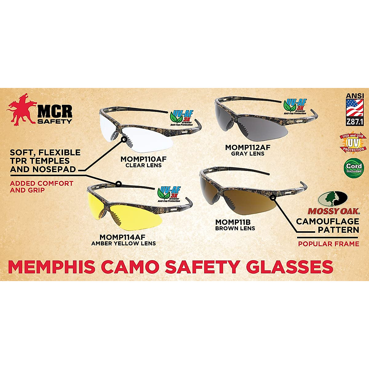 MCR Safety Memphis Series MOMP110AF Safety Glasses, Eye Protection, Mossy Oak Frame, Clear UV-AF Anti-Fog Lens