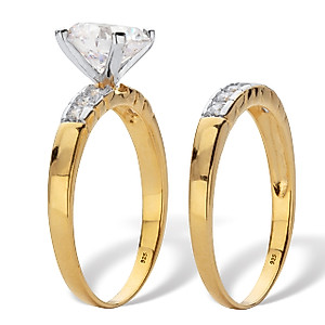 PalmBeach 18k Gold-Plated or Platinum-Plated Sterling Silver Round CZ Two Tone 2 Piece Bezel Set Bridal Ring Set Size 9