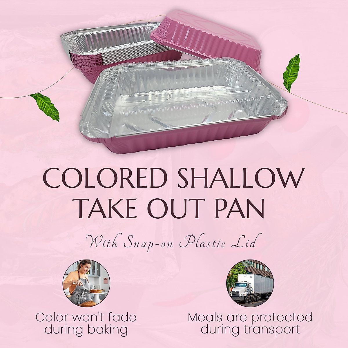 KitchenDance Colored Shallow Take Out Pans with Plastic lid - 1.5 Pounds Food Storage Aluminum Foil Baking Pan - Aluminum Pans Perfect for Cooking, Freezing, Preparing Food, 6417P (Pink, 50)