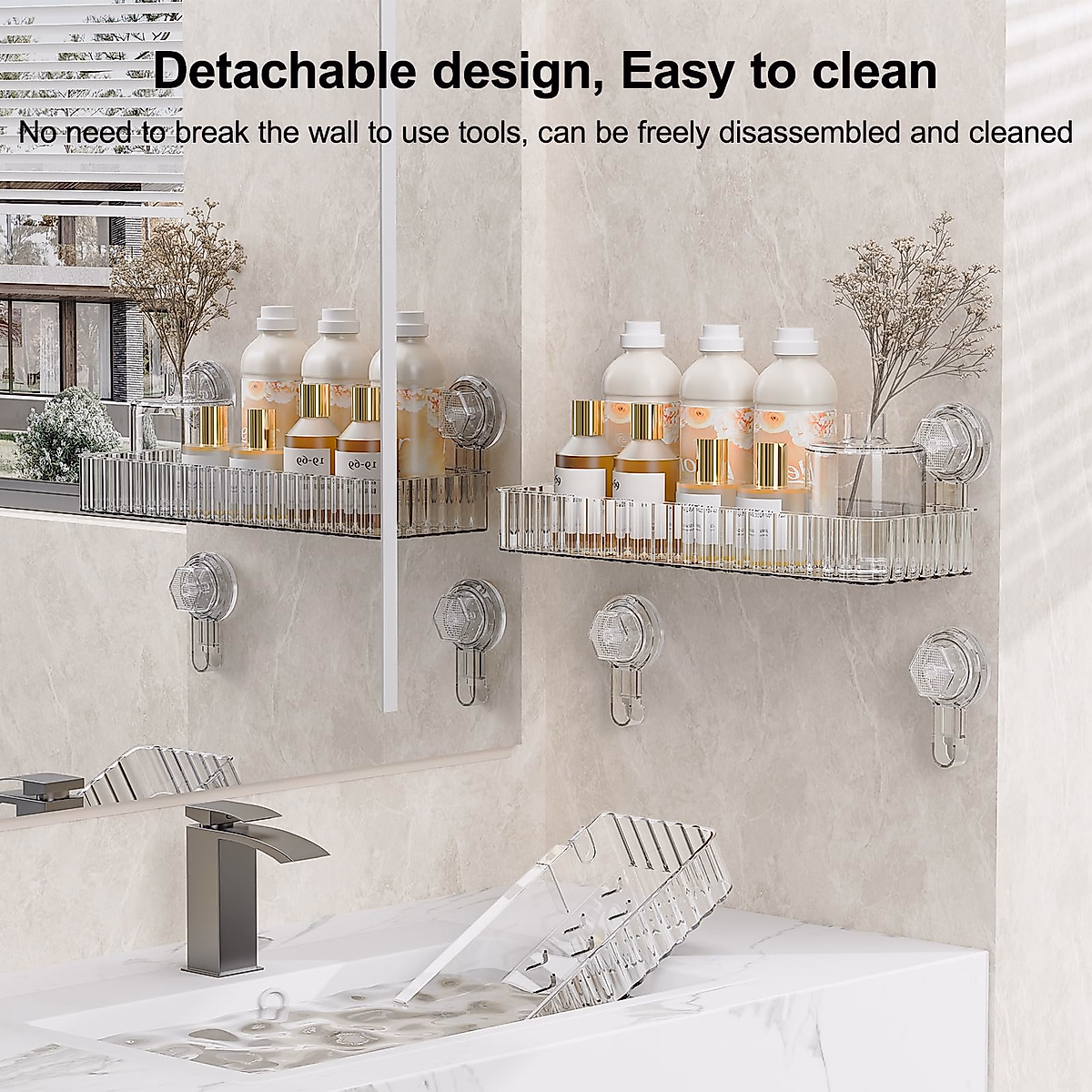 Ankoox Shower Caddy Suction Cup Bathroom Shower Organizer for Bathroom Storage Home Decor & Kitchen No Drilling Large Capacity Removable and Reusable Shower Shelves for Inside Shower. (clear, square)