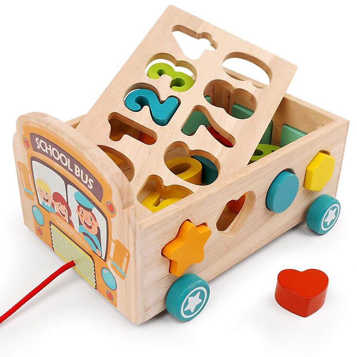 Classic Wooden Toddler Toy Age 2-4 Pulling Bus 123 Number Learning Shape Puzzle Sorting Match Game Montessori Sensory Material for Kids