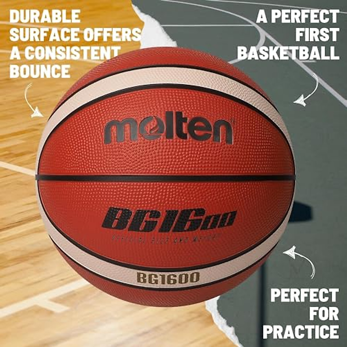 Molten BGR Basketball, Indoor/Outdoor, Premium Rubber, Green/Black, Size 5, Suitable for Boys Age 7, 8, 9, 10 & 11, Girls Age 12 & 13