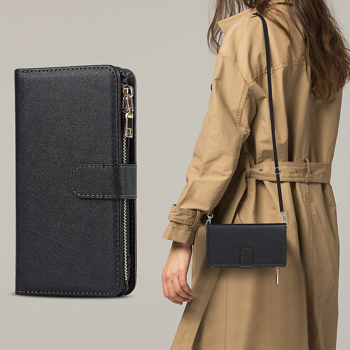 iCoverCase Crossbody Wallet Case for iPhone 12/12 Pro, Black PU Leather Flip Case with Strap, Card Holder, Kickstand, 6.1 Inch