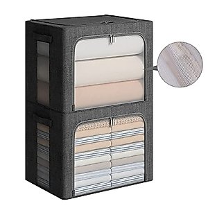 2 Pack Clothes Storage Bins - Foldable Metal Frame Storage Box with Mesh Windows - Stackable Linen Fabric Organizer Set with Carrying Handles