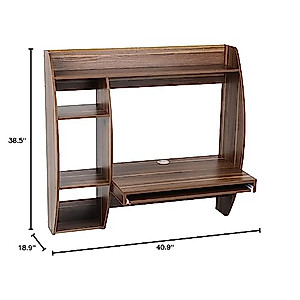 Mind Reader Wall Mounted Floating Wood Desk Table with Storage Shelves and Cable Management, Space Saving Computer Shelf, Office, Brown